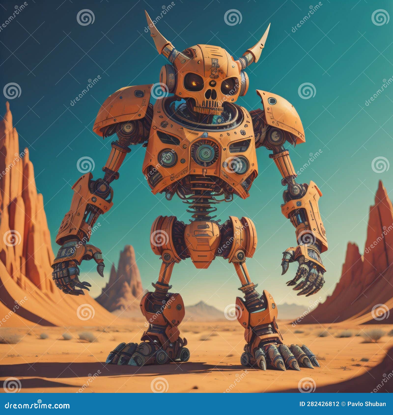 Drawing a Cartoon Skeleton Robot on the Prairie Stock Illustration ...