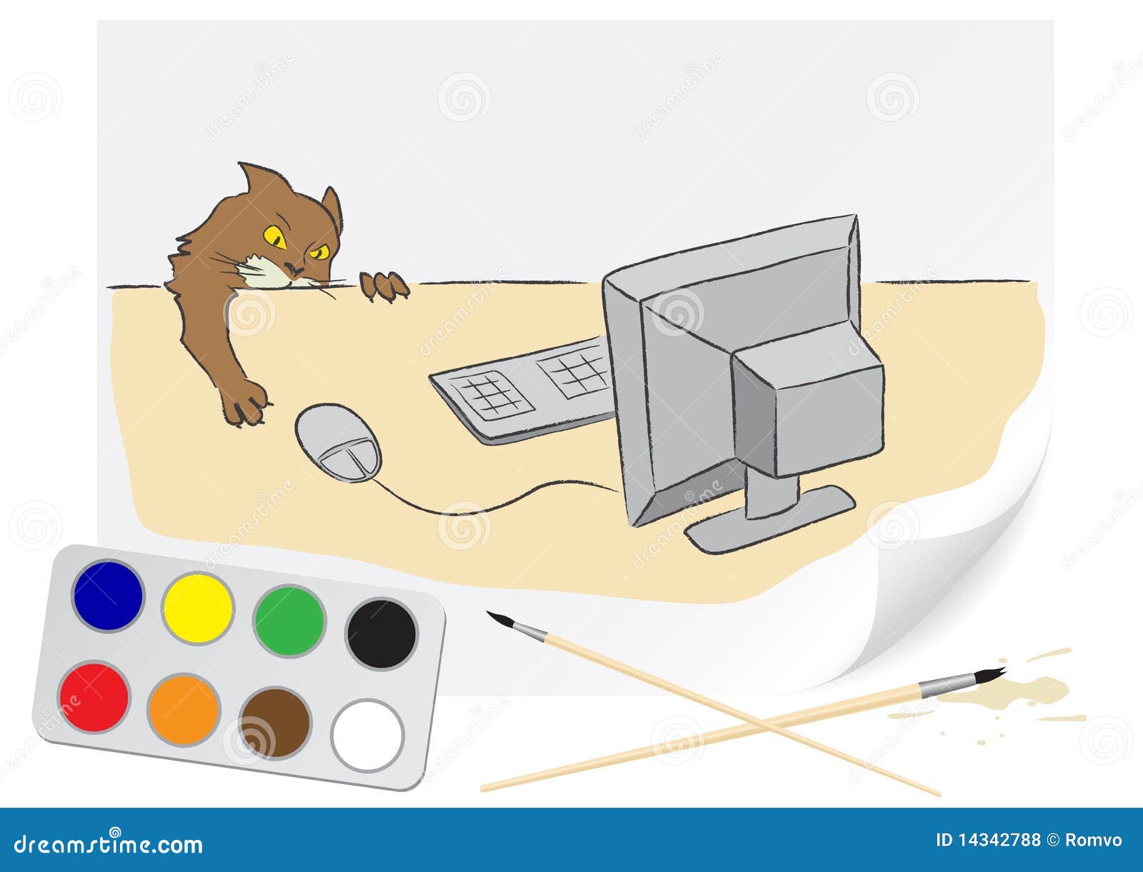 Drawing Cat And Computer Royalty Free Stock Photos - Image: 14342788