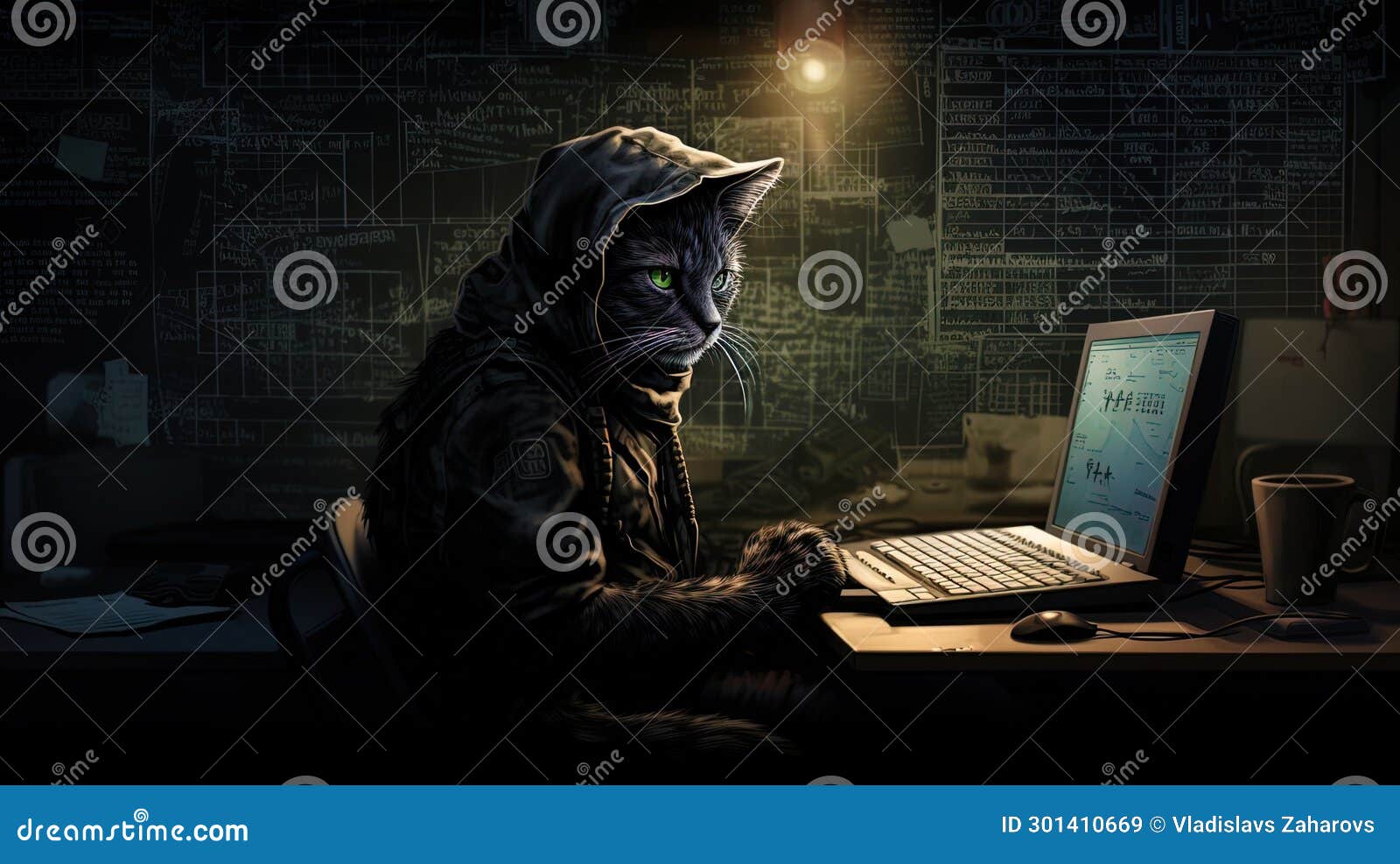 The Drawing of a Cat Hacker Sitting in a Dark Corner, Surrounded by ...