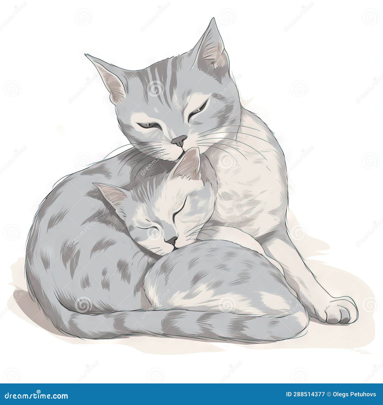 A Drawing of a Cat and a Kitten Cuddling Together Stock Illustration ...