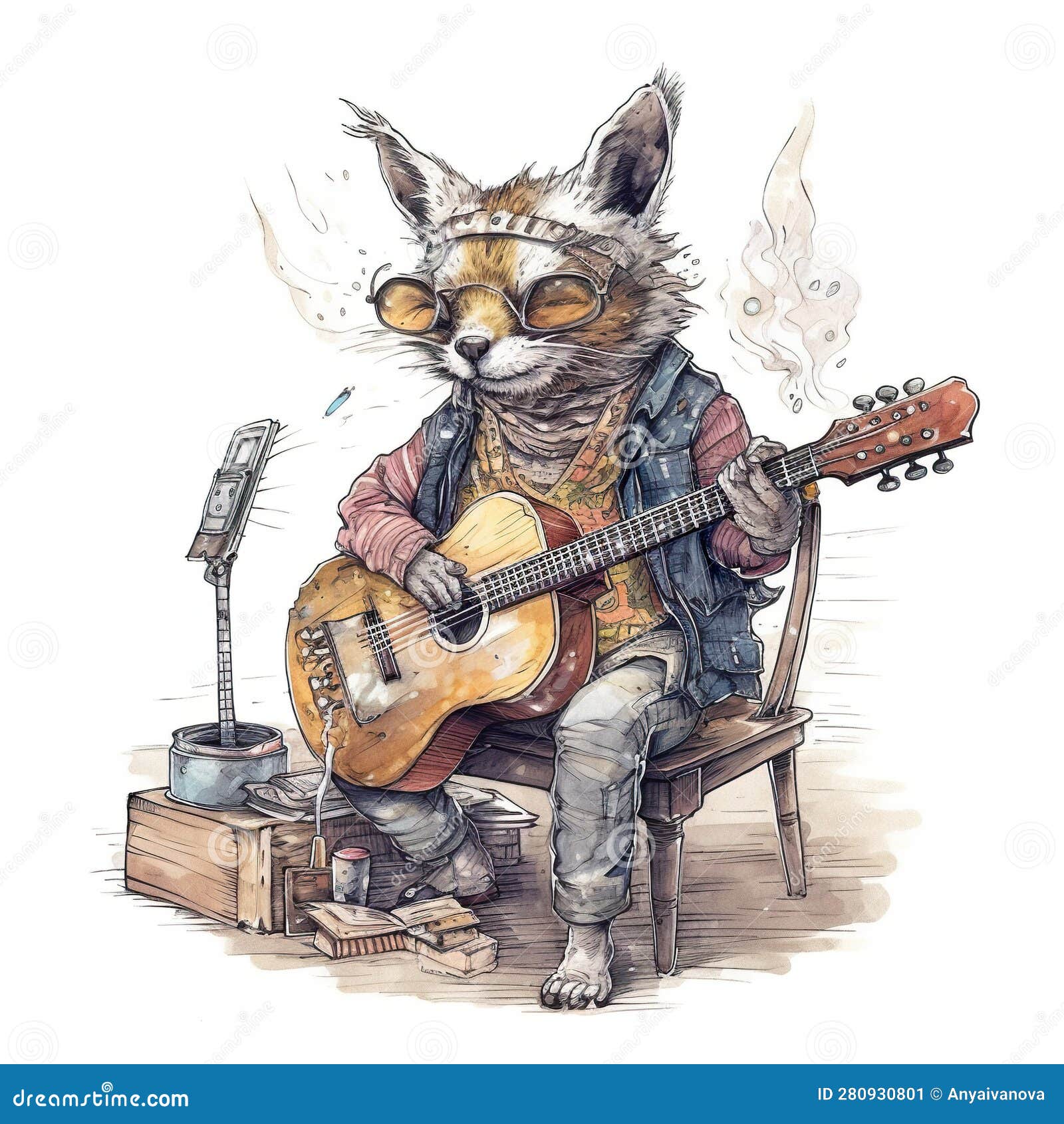A Drawing of a Cat Playing a Guitar. Generative AI Image. Stock ...
