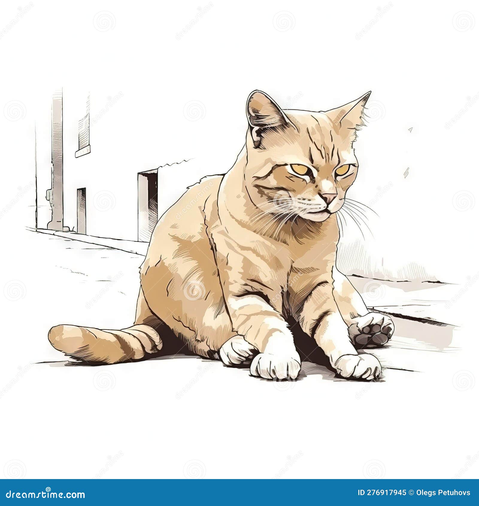 A Drawing of a Cat Sitting on the Ground Next To a Building Stock Image ...