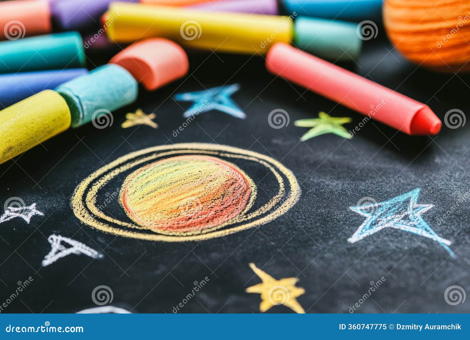 A Drawing on a Chalkboard Depicting Planets and Stars Stock Image ...