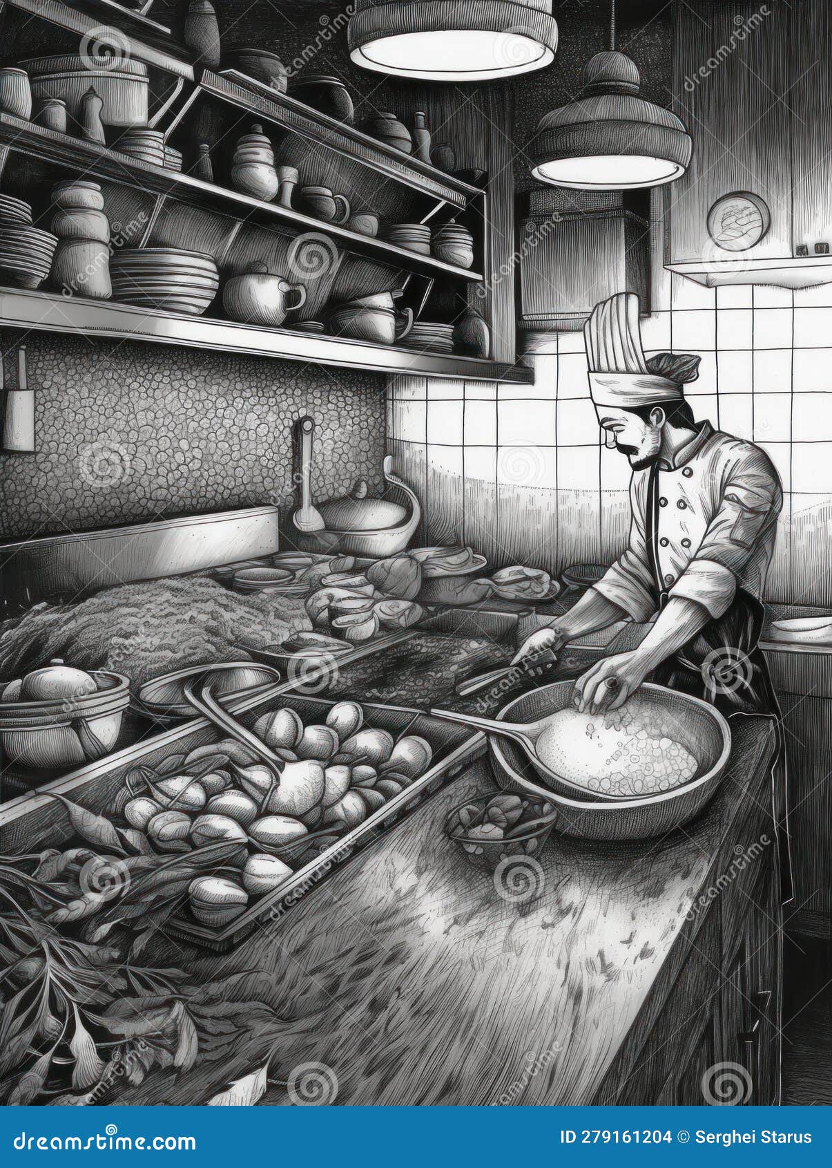 A Drawing of a Chef Preparing Food in a Kitchen. Generative AI Image ...