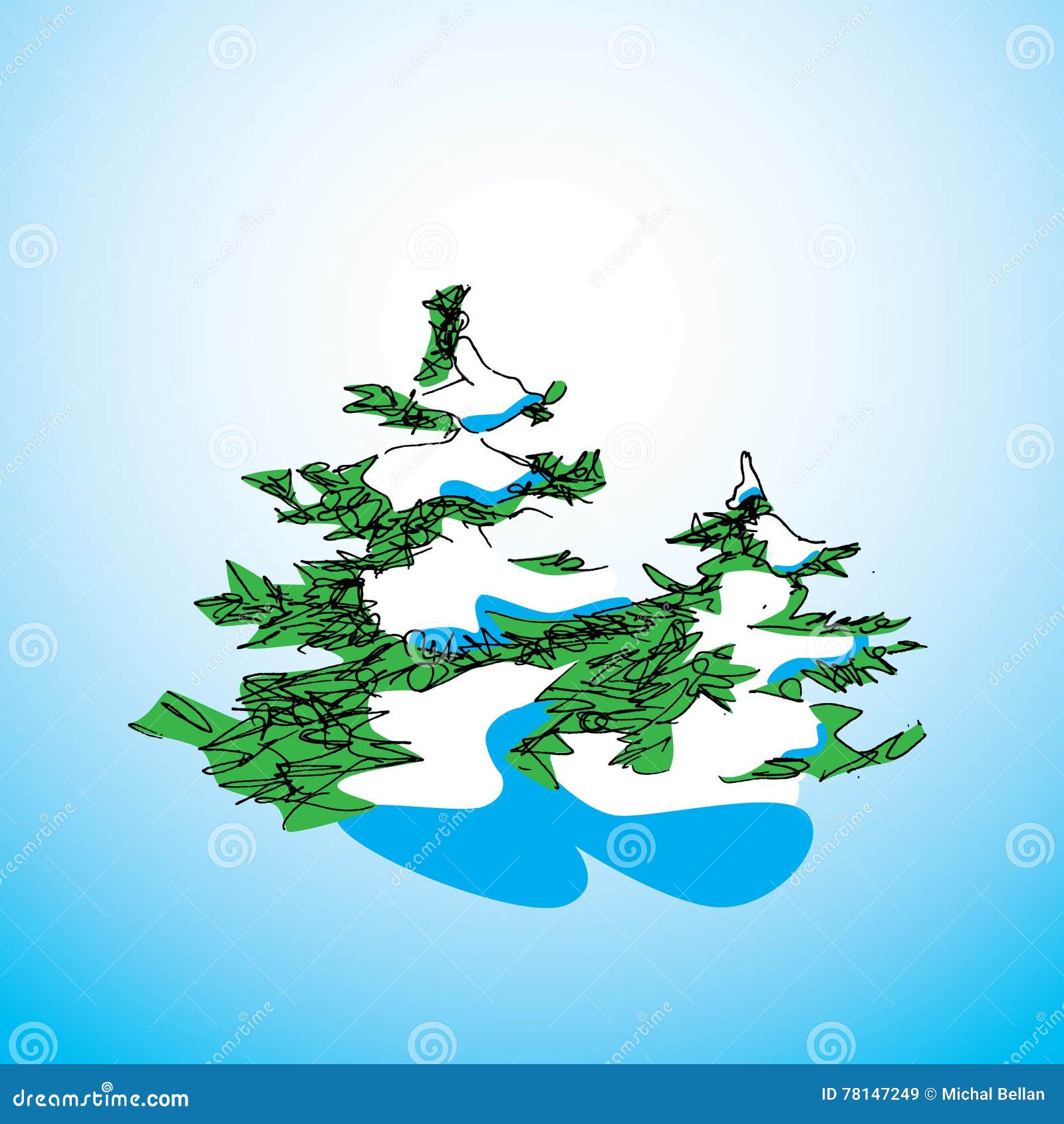 Drawing Christmas Tree with Snow on Blue Background. Christmas Concept ...