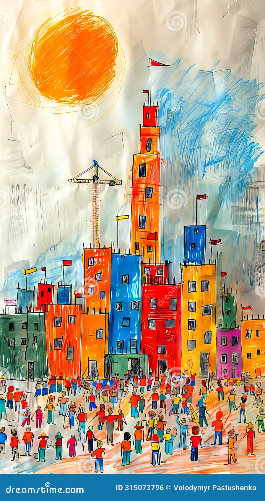 A Drawing of a City with People and Buildings Stock Illustration ...