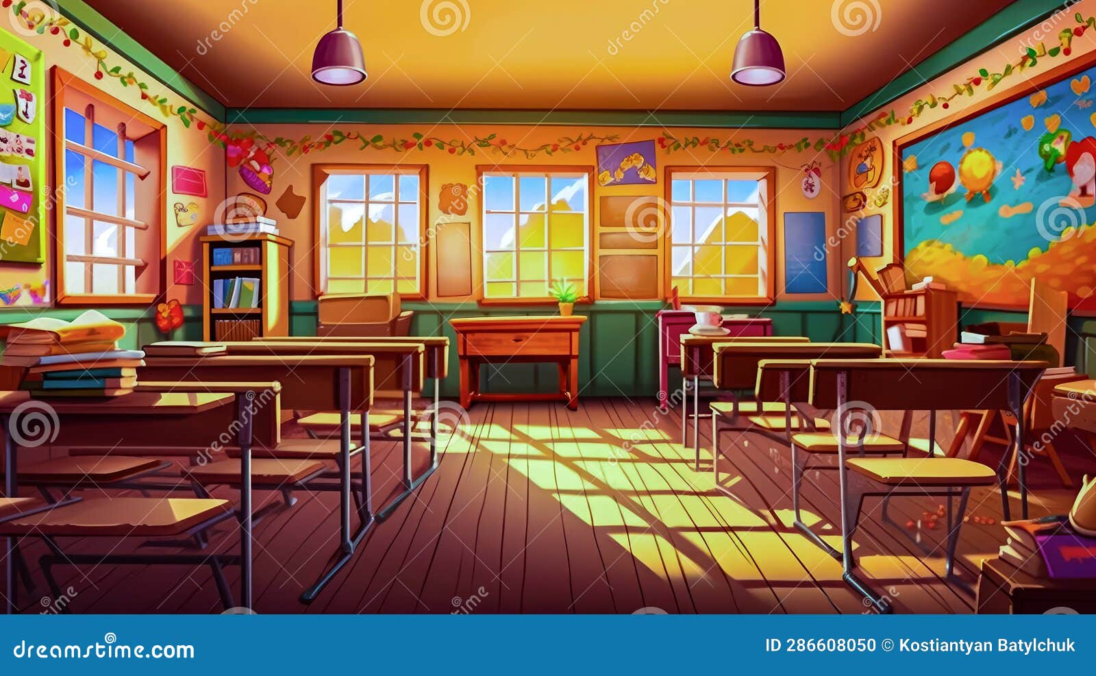 Drawing of Classroom with Desks, Chairs, and Book Shelf Stock ...
