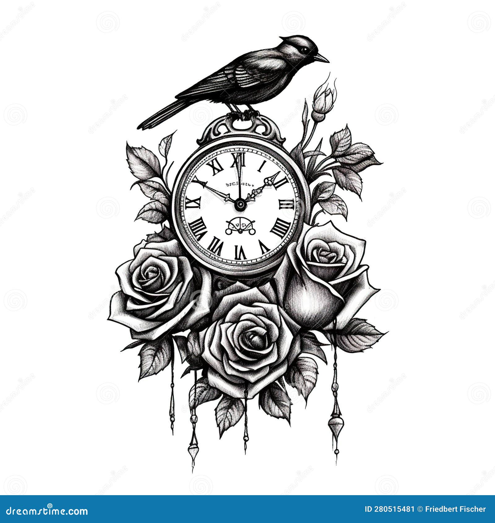 A Drawing of a Clock with Roses and a Bird. Generative AI Image. Stock ...