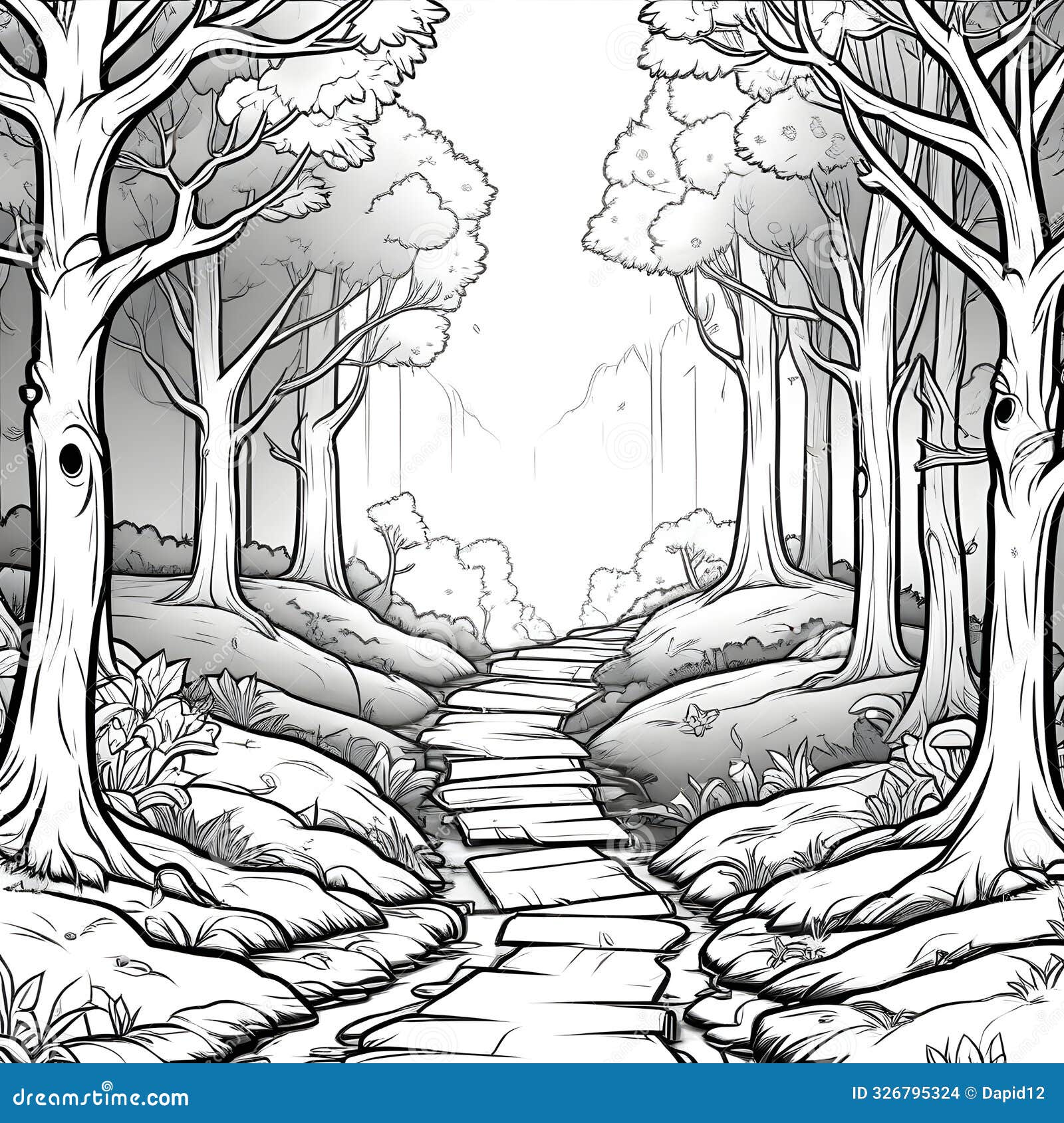 A Drawing Coloring Page of a Halloween Path with Trees in a Forest ...