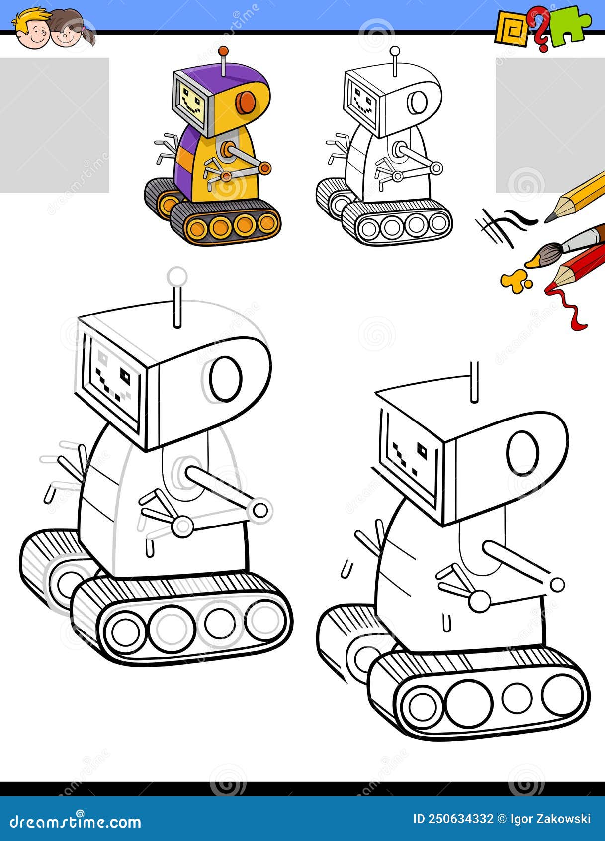Drawing and Coloring Task with Comic Robot Character Stock Vector ...