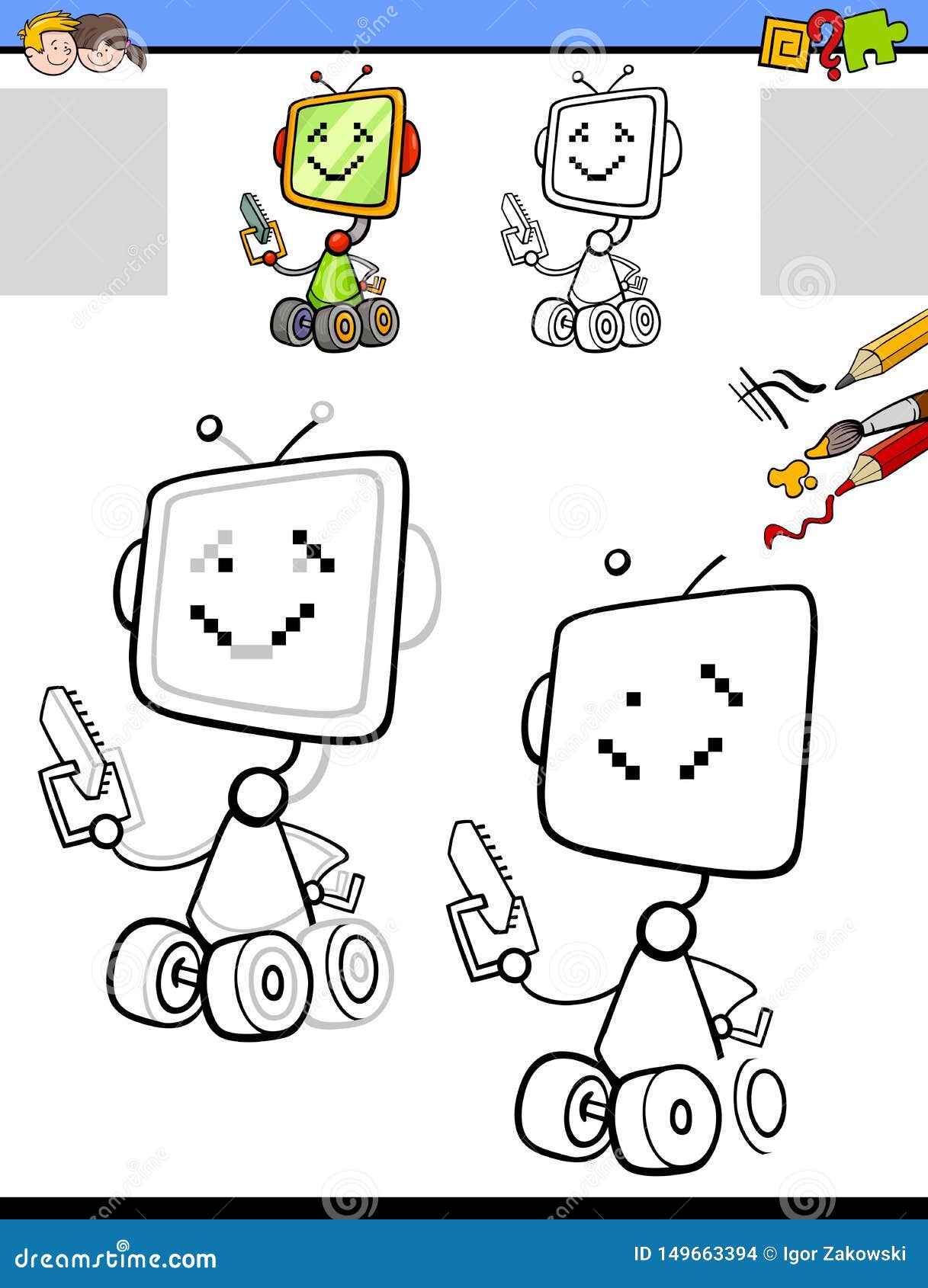 Drawing and Coloring Worksheet with Cartoon Robot Stock Vector ...