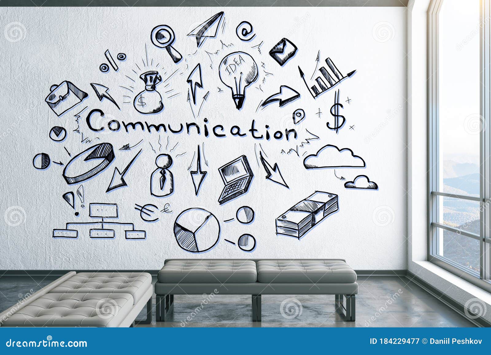 Drawing Communication Plan on Wall in Gallery Interior Stock ...