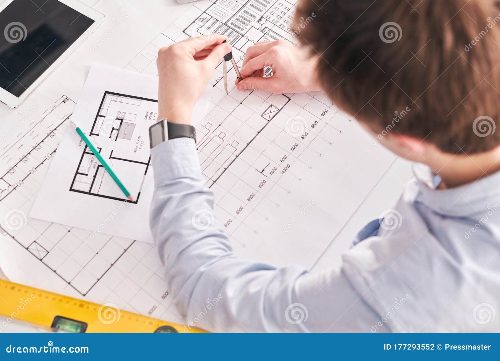 Drawing with Compass in Blueprint Stock Photo - Image of blueprint ...