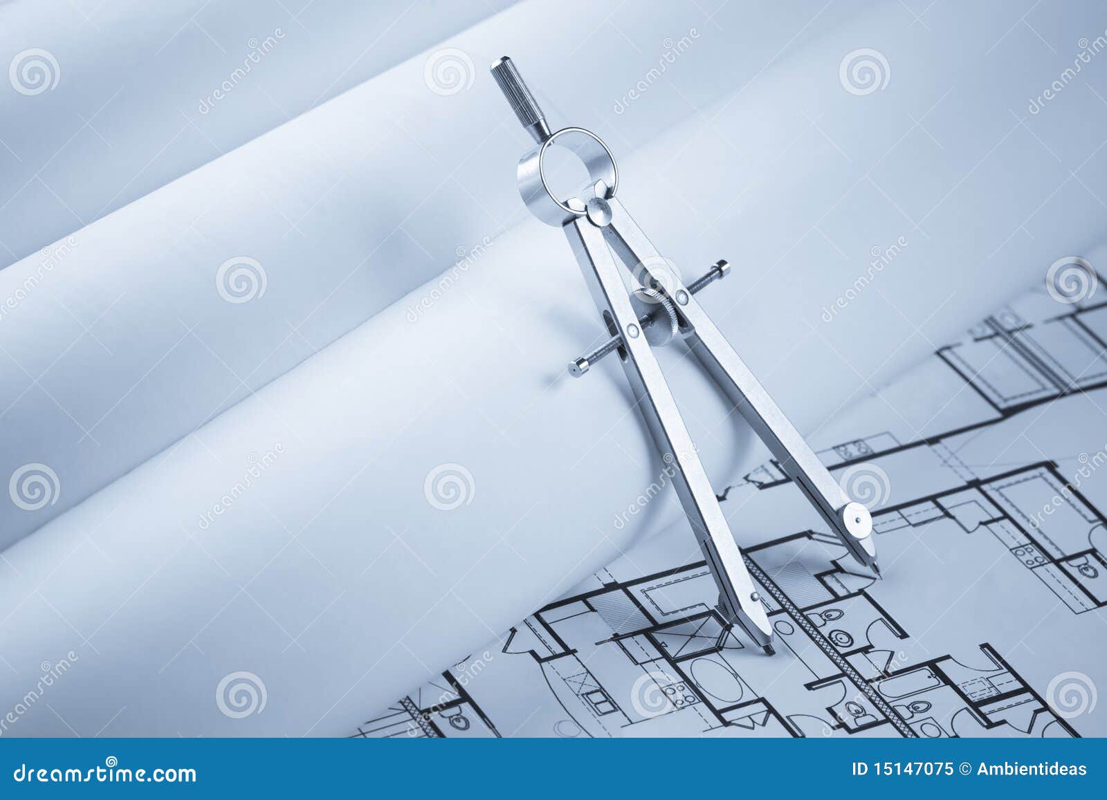 Drawing Compass on Blueprint Documents Stock Image - Image of floor ...