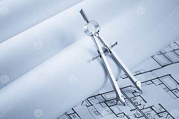 Drawing Compass on Blueprint Documents Stock Image - Image of floor ...
