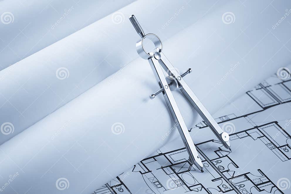 Drawing Compass on Blueprint Documents Stock Image - Image of floor ...