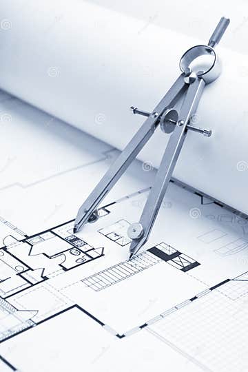Drawing Compass on Blueprint Floor Plans Stock Image - Image of tint ...