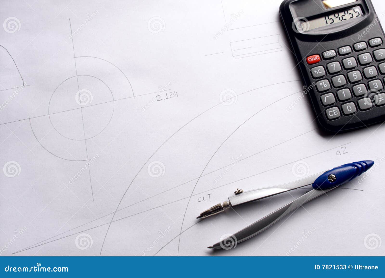 Drawing Compass and Calculator on Blueprint. Stock Image - Image of ...