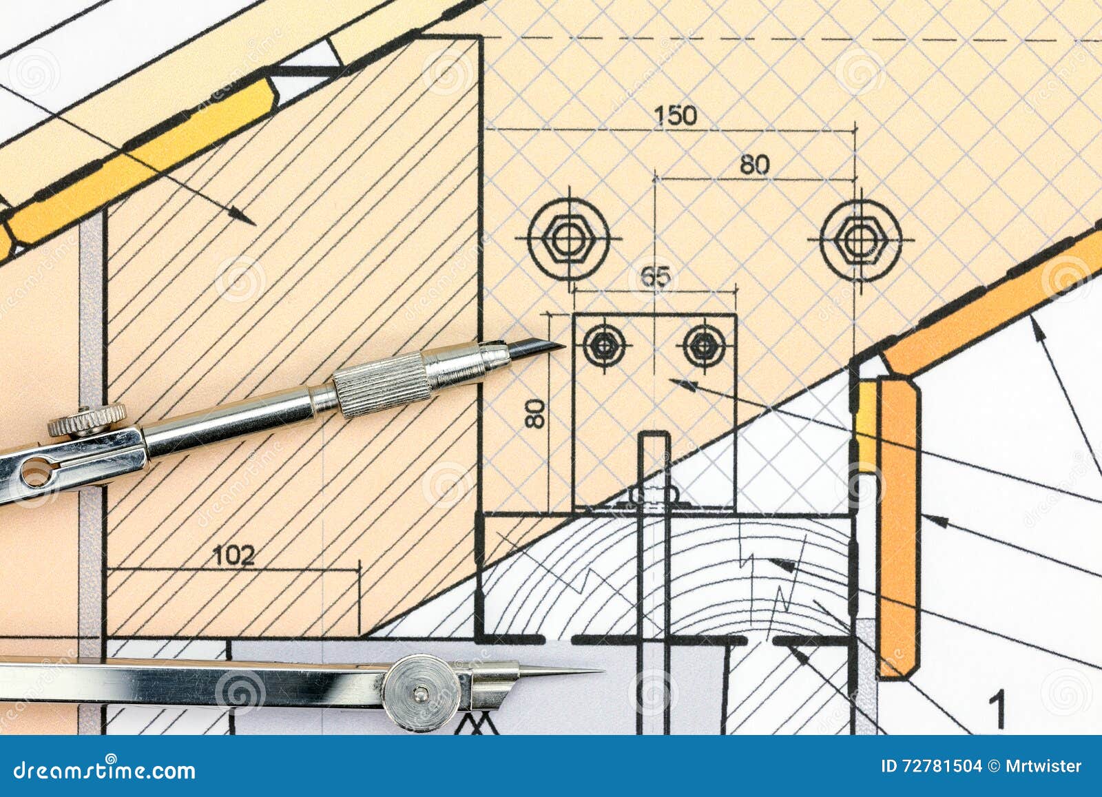 Drawing Compass on Color Technical Project Drawing Stock Photo - Image ...