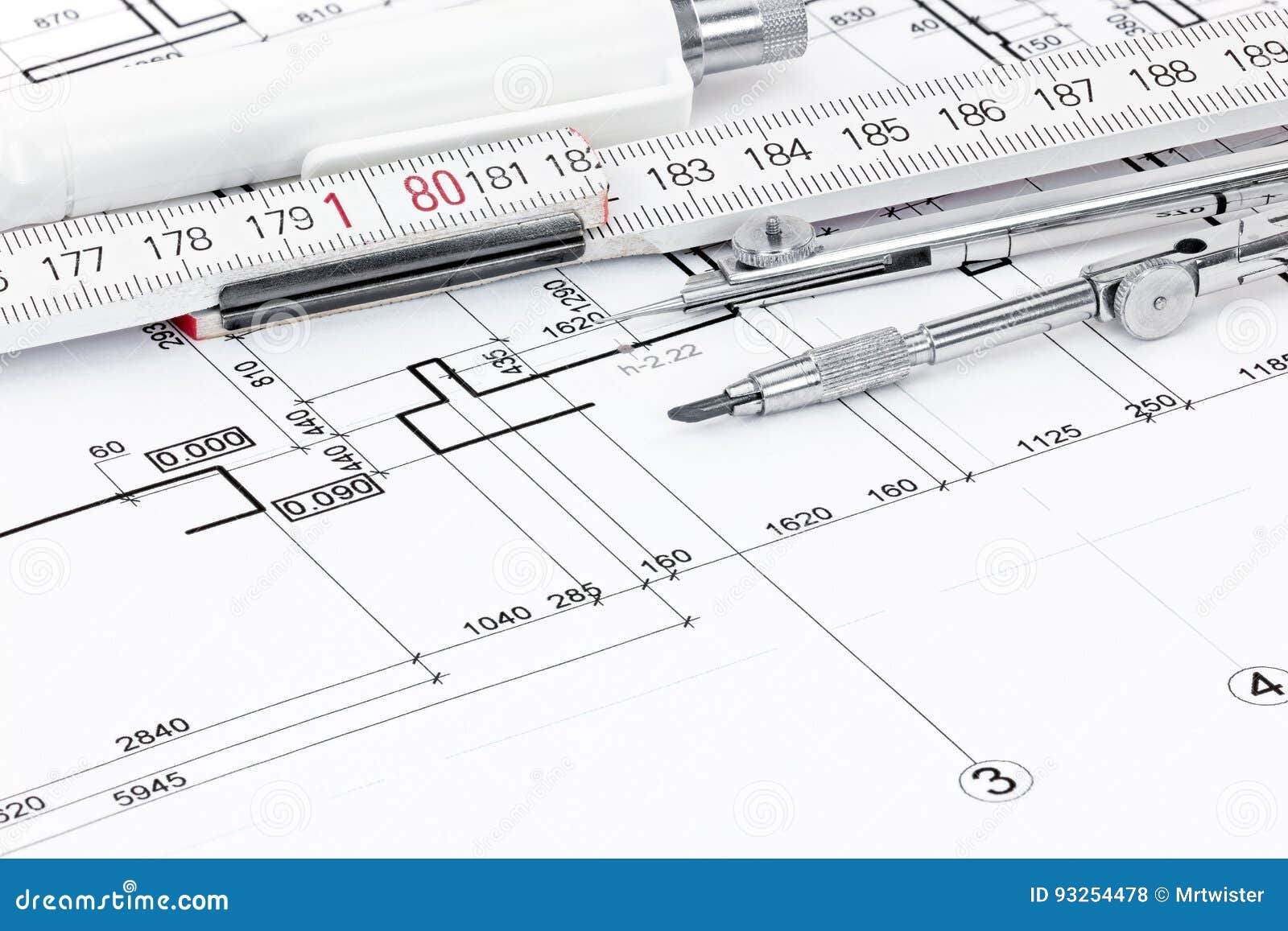 Drawing Compass, Folding Rule, Pen On Architectural Drawing Stock Photo ...
