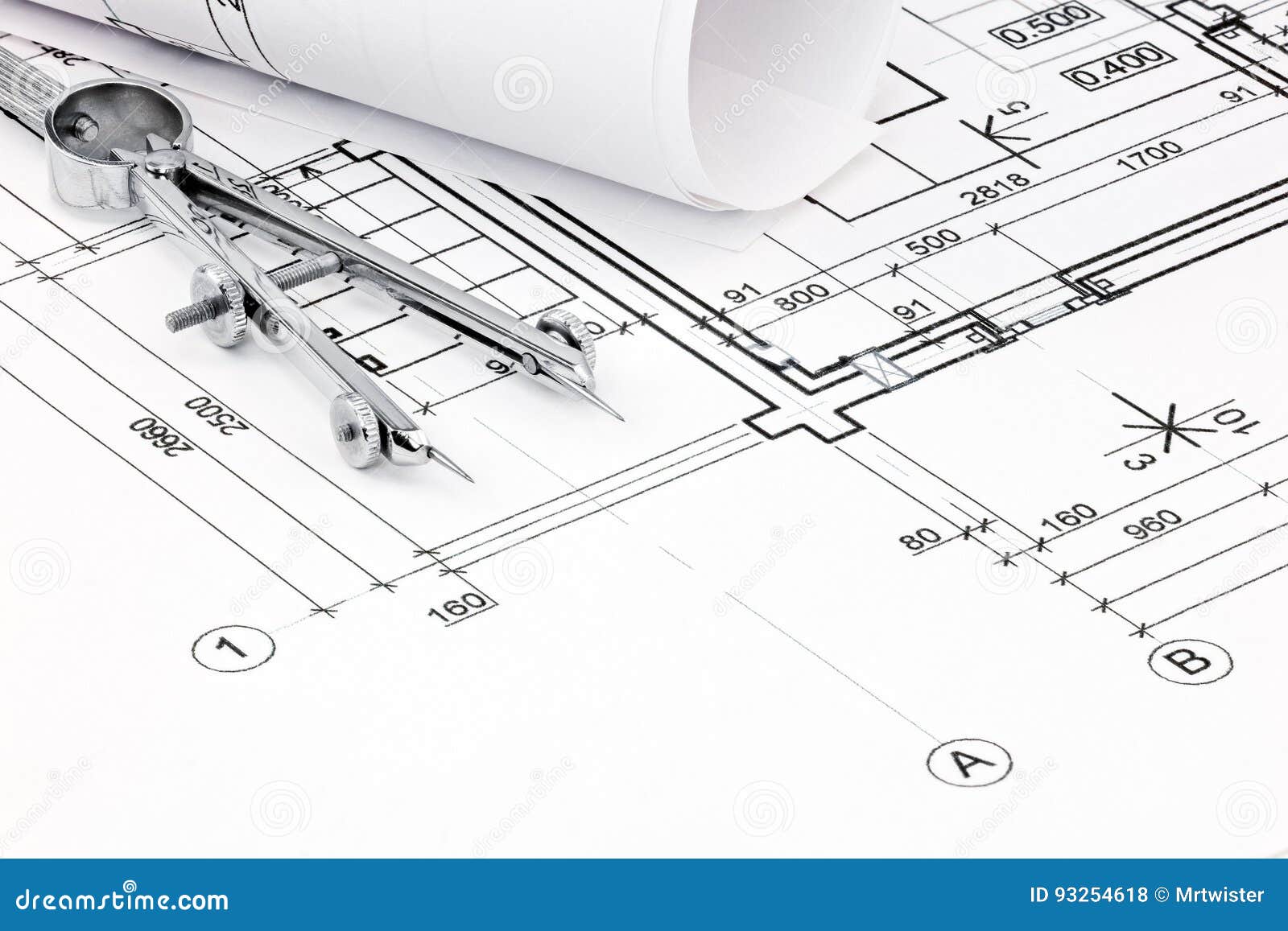 Drawing Compass On House Plan Blueprint Closeup Stock Photography ...