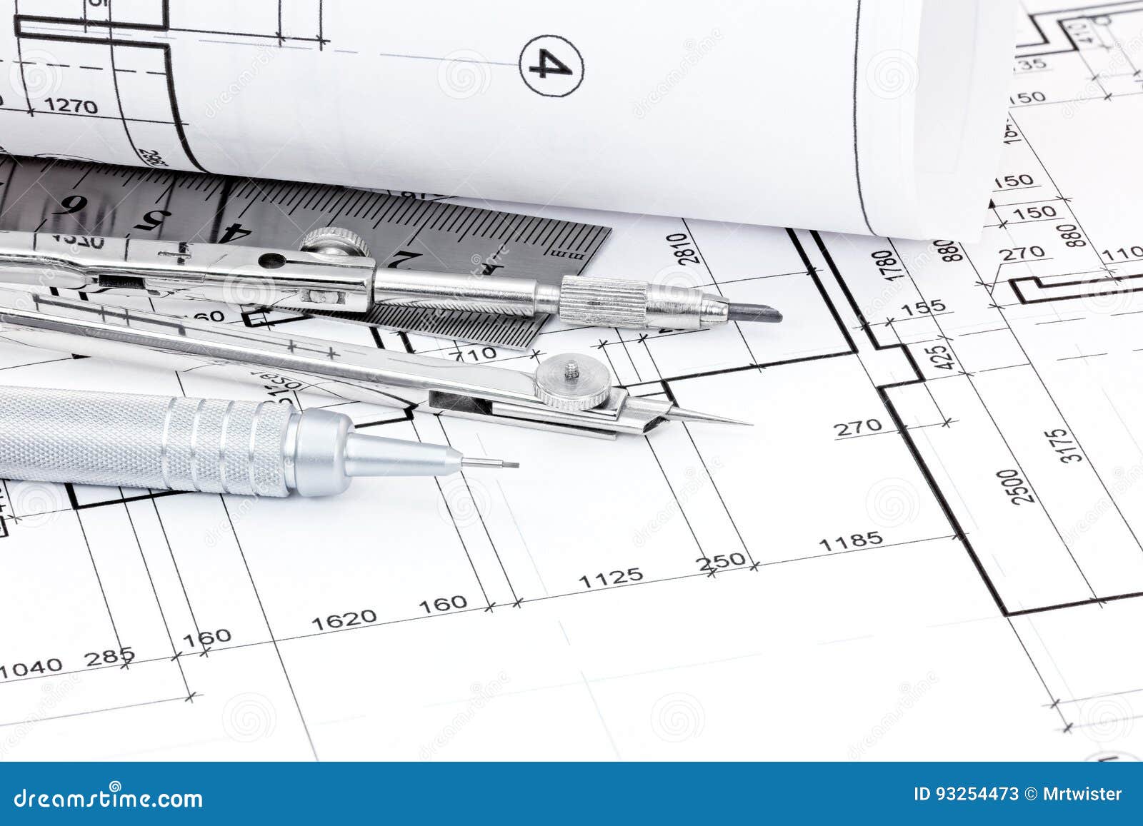 Drawing Compass, Ruler, Pen and Graphical Architectural Plans Stock ...