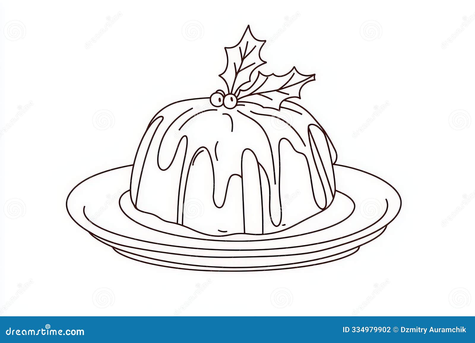 Drawing Continuous One Line Pudding on a Plate with Berries. Dessert ...