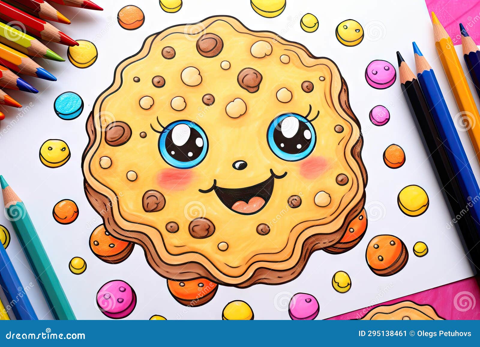 A Drawing of a Cookie with a Happy Face Surrounded by Colored Pencils ...