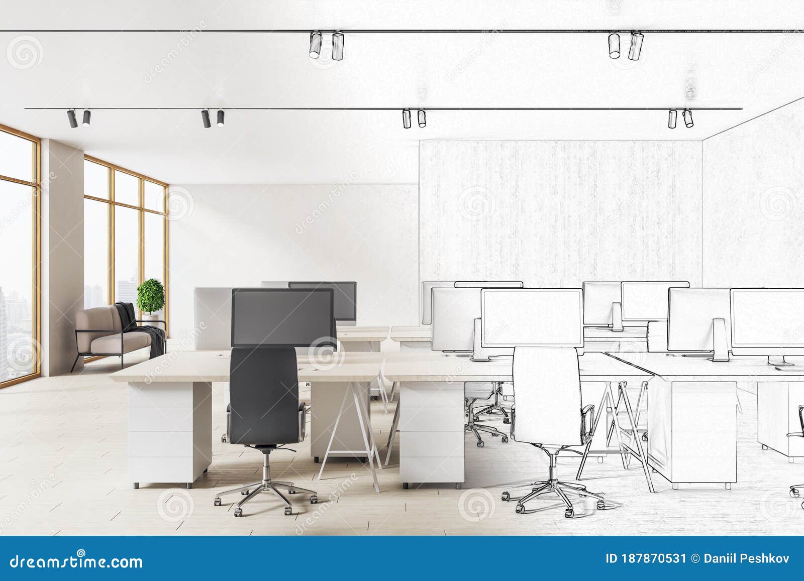 Drawing Coworking Office Interior Stock Illustration - Illustration of ...