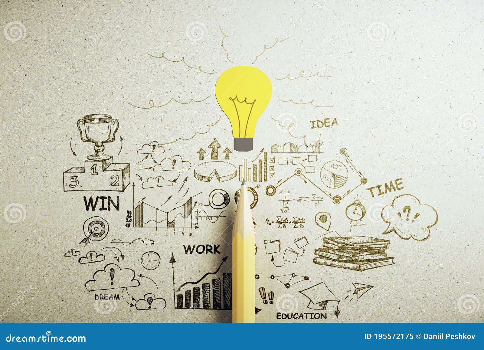 Drawing Creative Business Sketch, Yellow Light Bulb and Pencil Stock ...