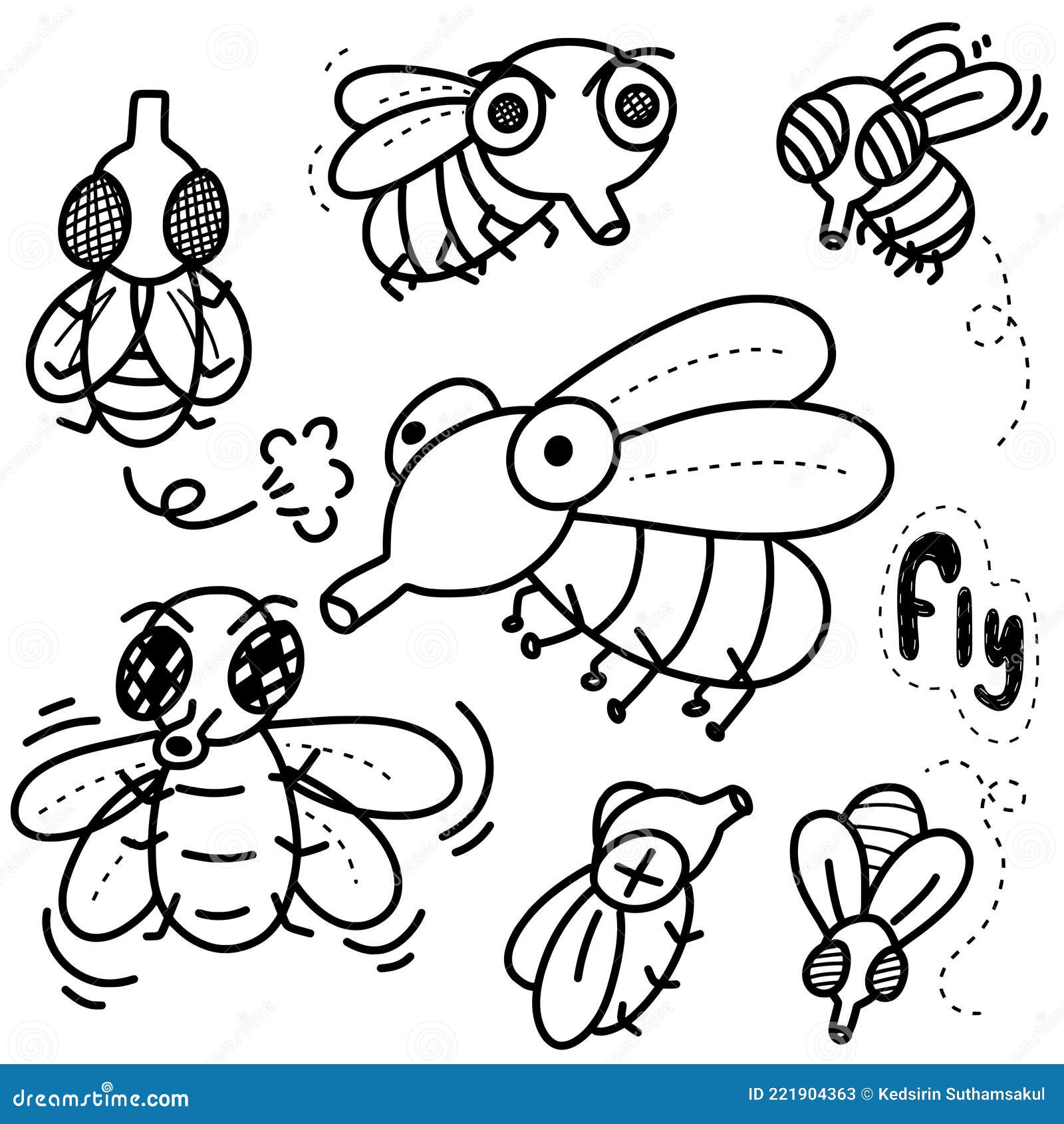 Drawing Cuteâ€‹ Doodle Fly Vector Set Stock Vector - Illustration of ...