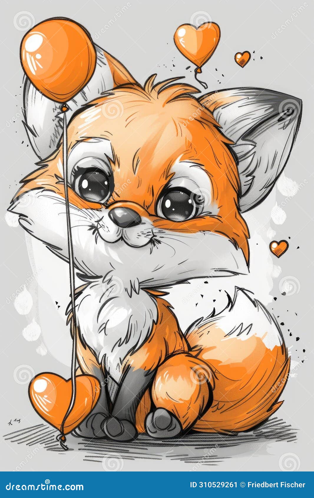 A Drawing of a Cute Fox with Balloons Stock Image - Image of decoration ...