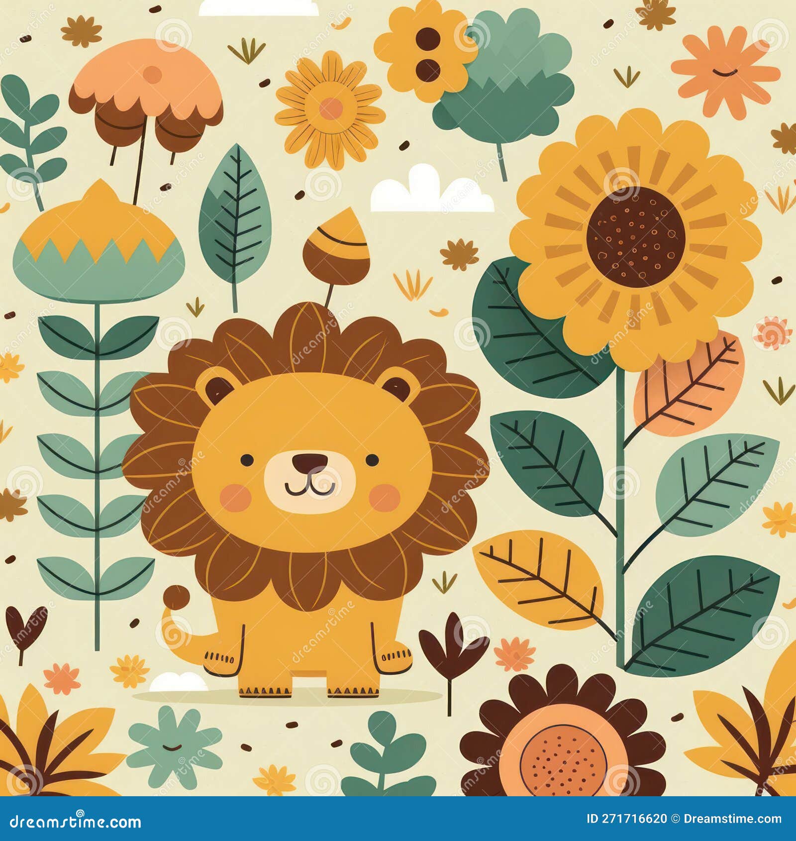Drawing Cute Kind Lion among the Flowers . Stock Illustration ...