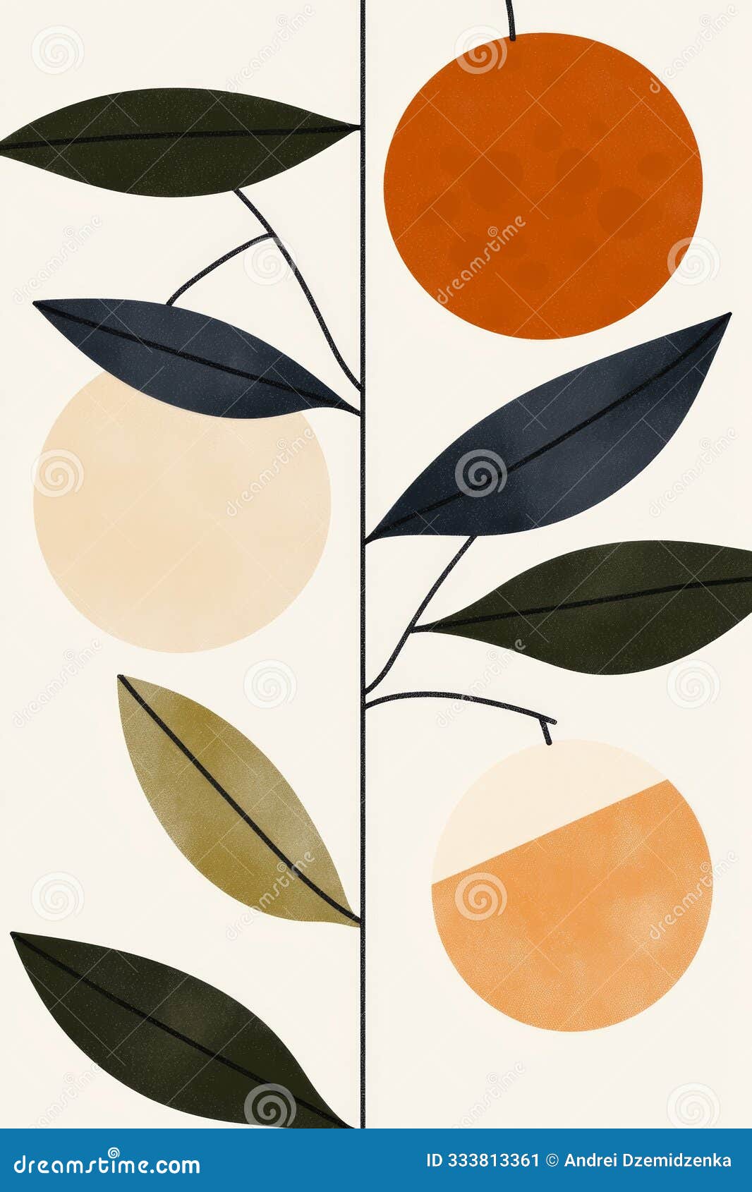 This Drawing Depicts Three Oranges Growing on a Tree Branch Stock ...