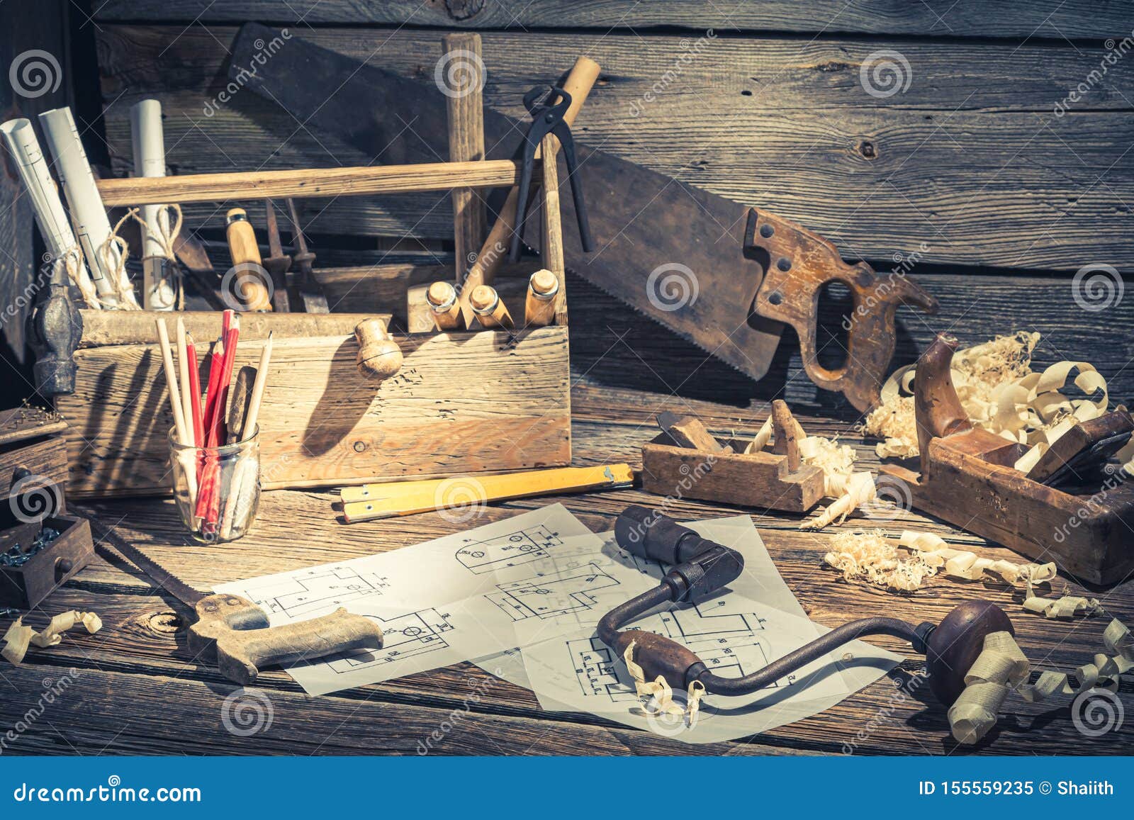 Drawing Desk in Carpenter Workshop on Rustic Wooden Table Stock Image ...