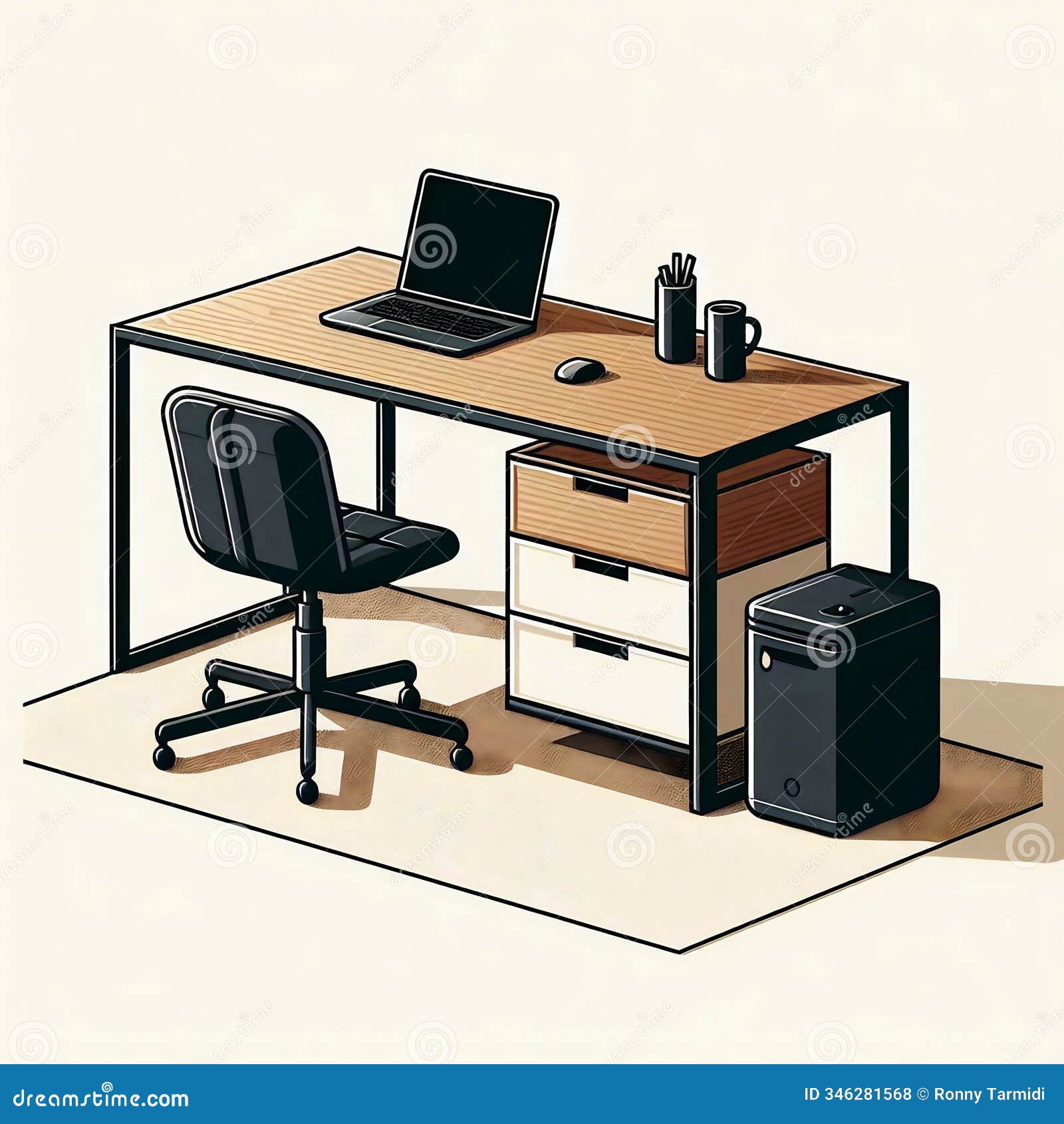 A Drawing of a Desk with a Laptop and a Printer Stock Illustration ...