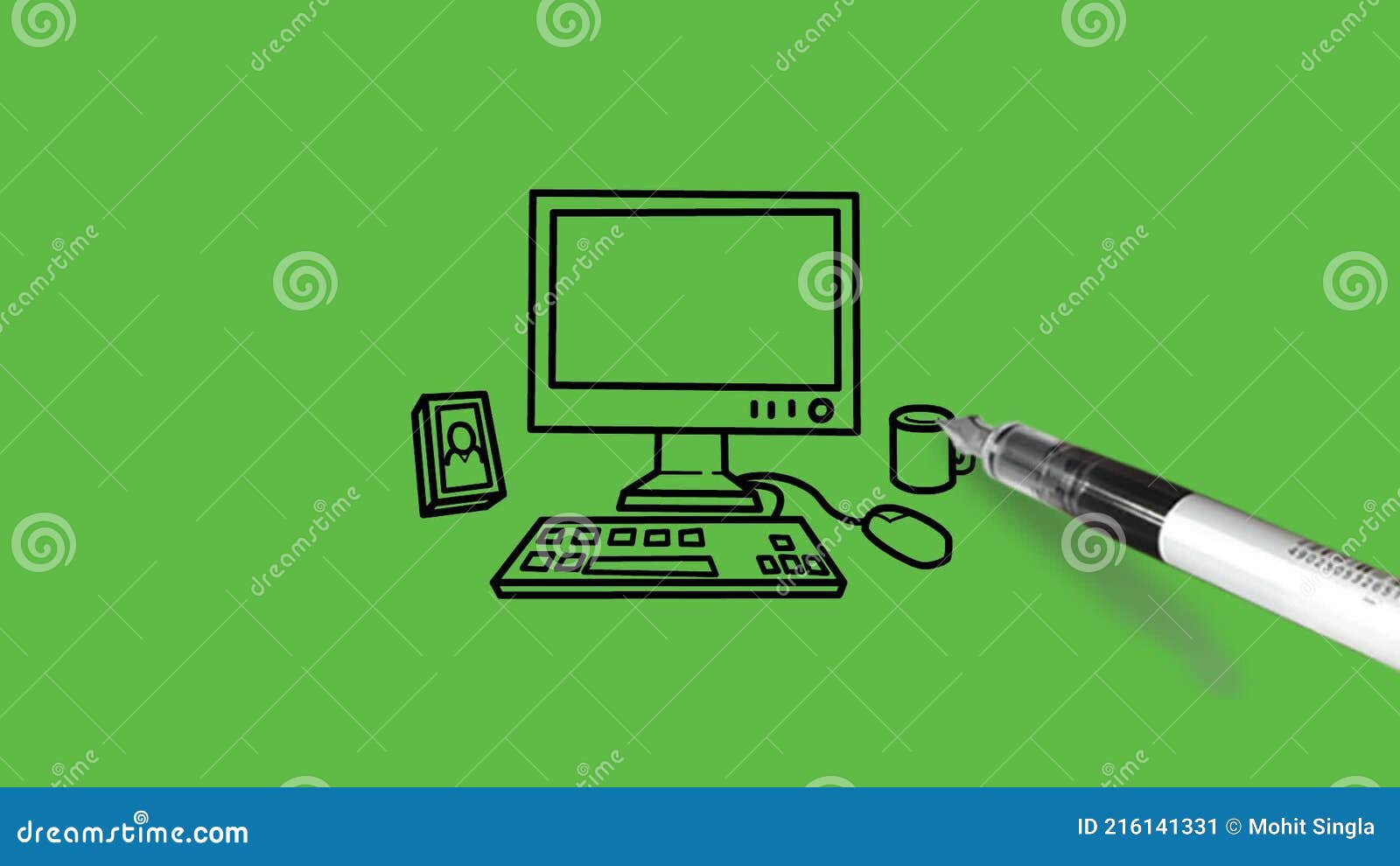 Drawing a Desktop Computer with Accessory in Black and Brown Colour ...