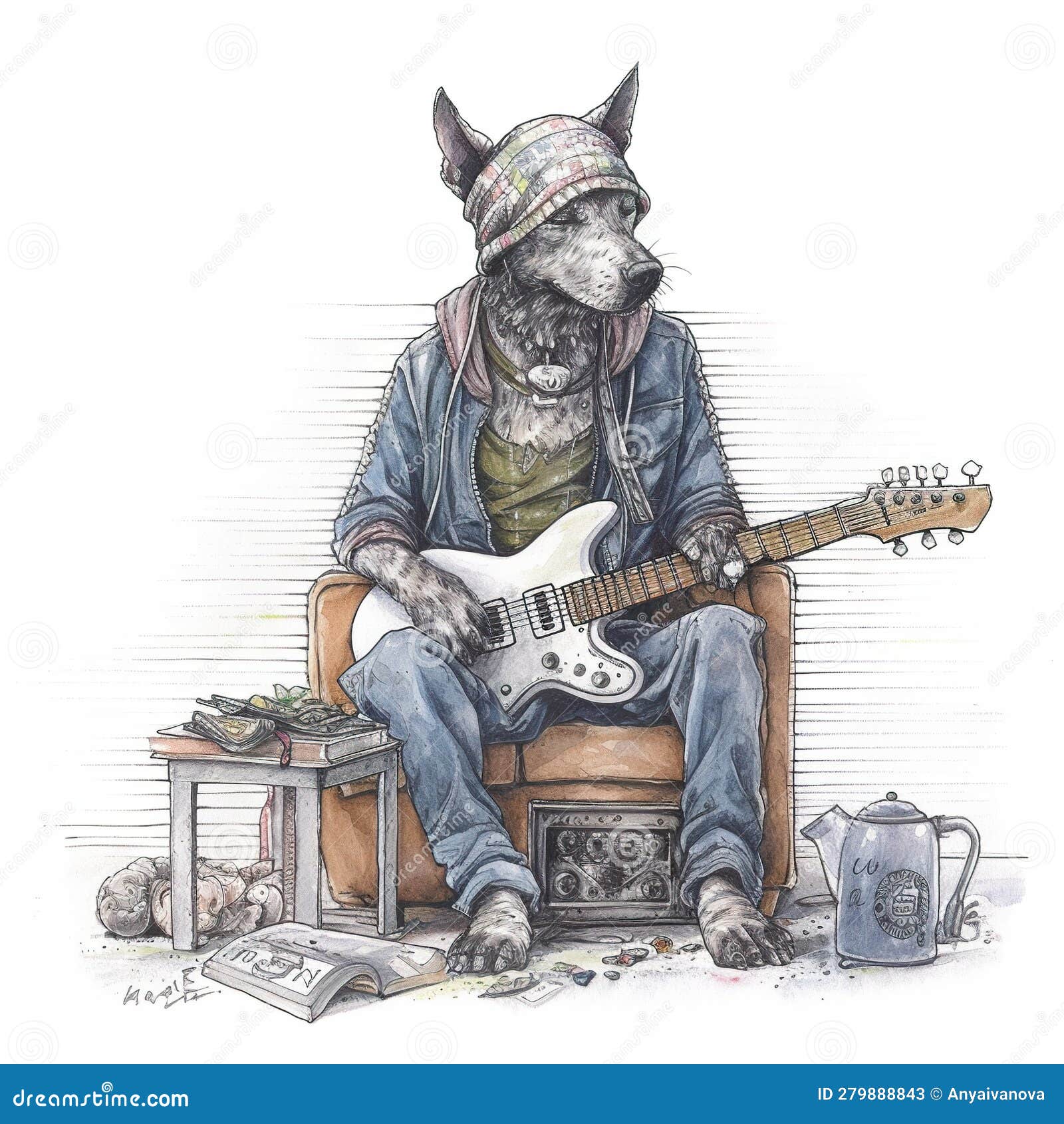 A Drawing of a Dog Playing a Guitar. Generative AI Image. Stock ...