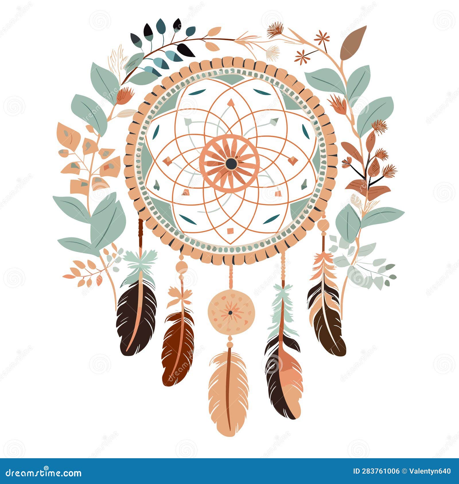 Drawing of Dream Catcher with Feathers and Leaves Around it on White ...