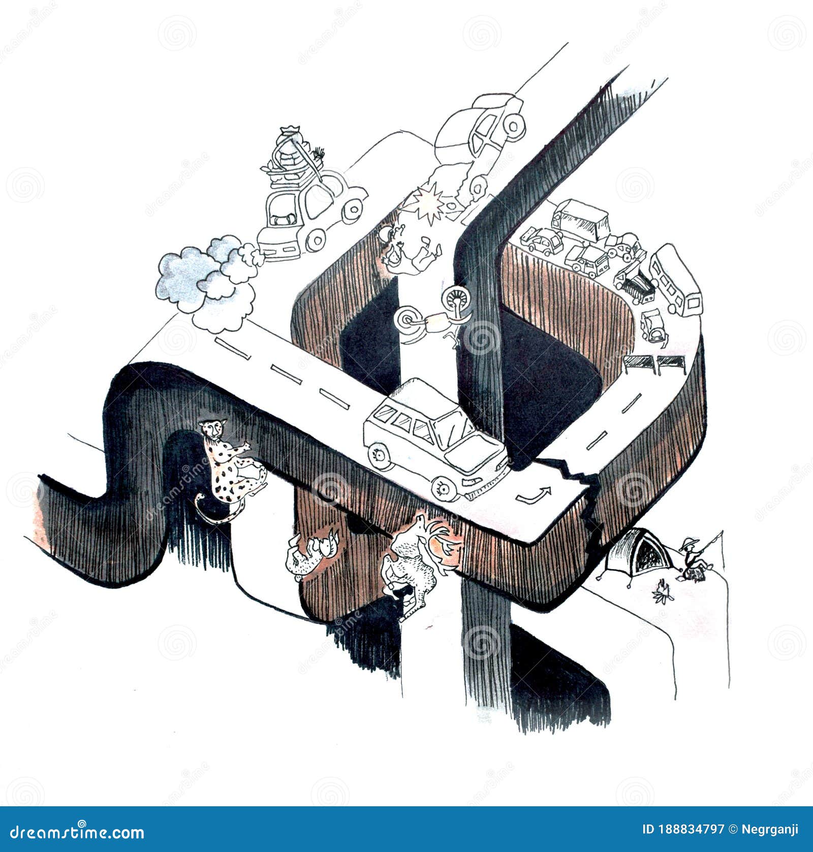 Drawing of Driving Problems on the Roads, Hand Drawn Black and White ...
