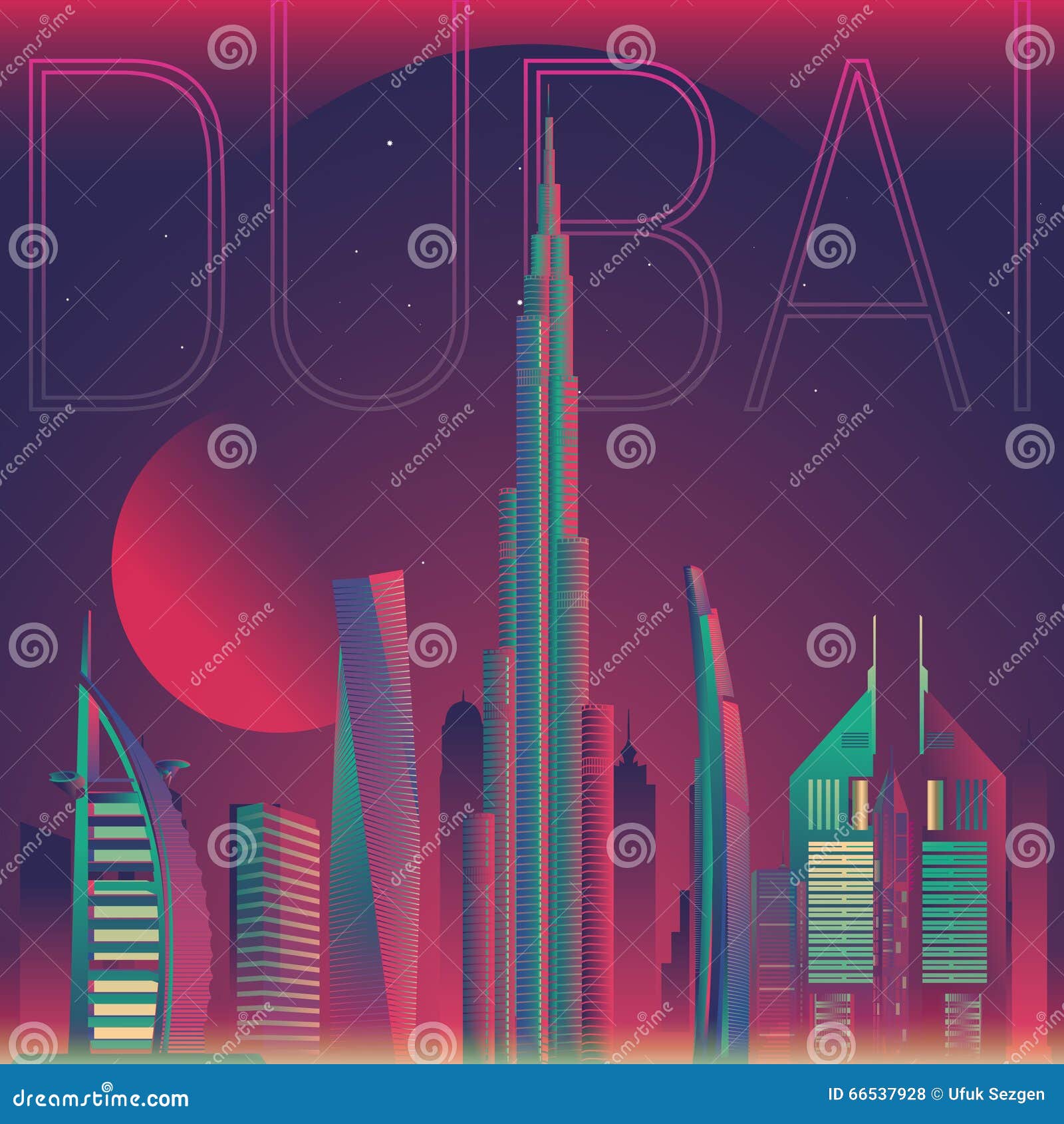 Drawing Dubai City Night View Illustration Stock Vector - Illustration ...