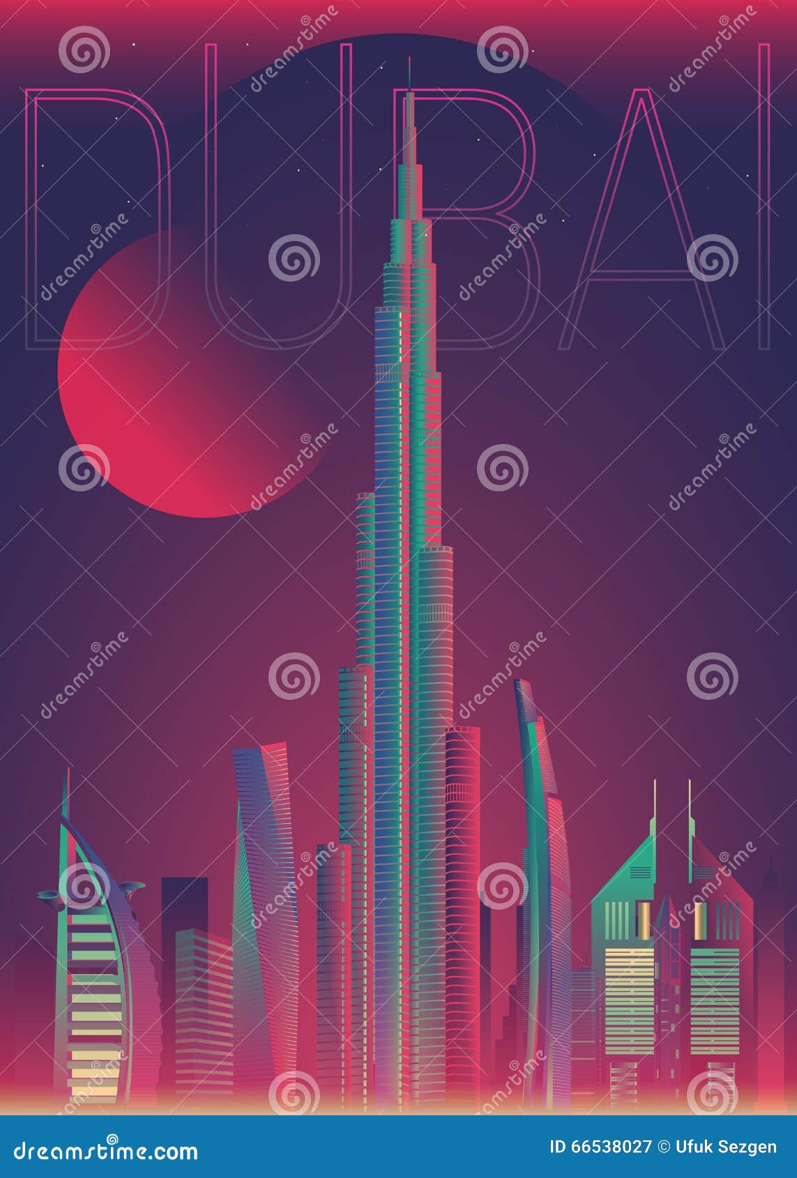 Drawing Dubai City Night View Illustration Stock Vector - Illustration ...