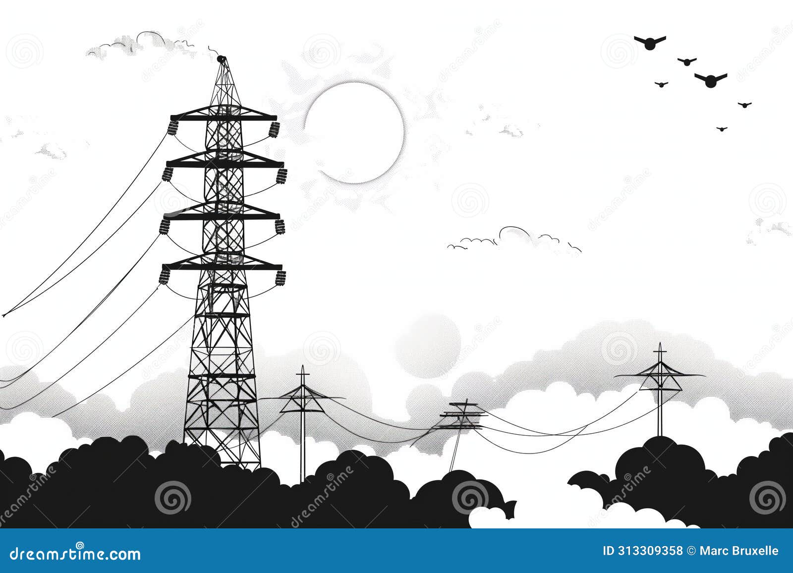 Drawing of Electric High Voltage Power Towers at Sunset - AI Generated ...