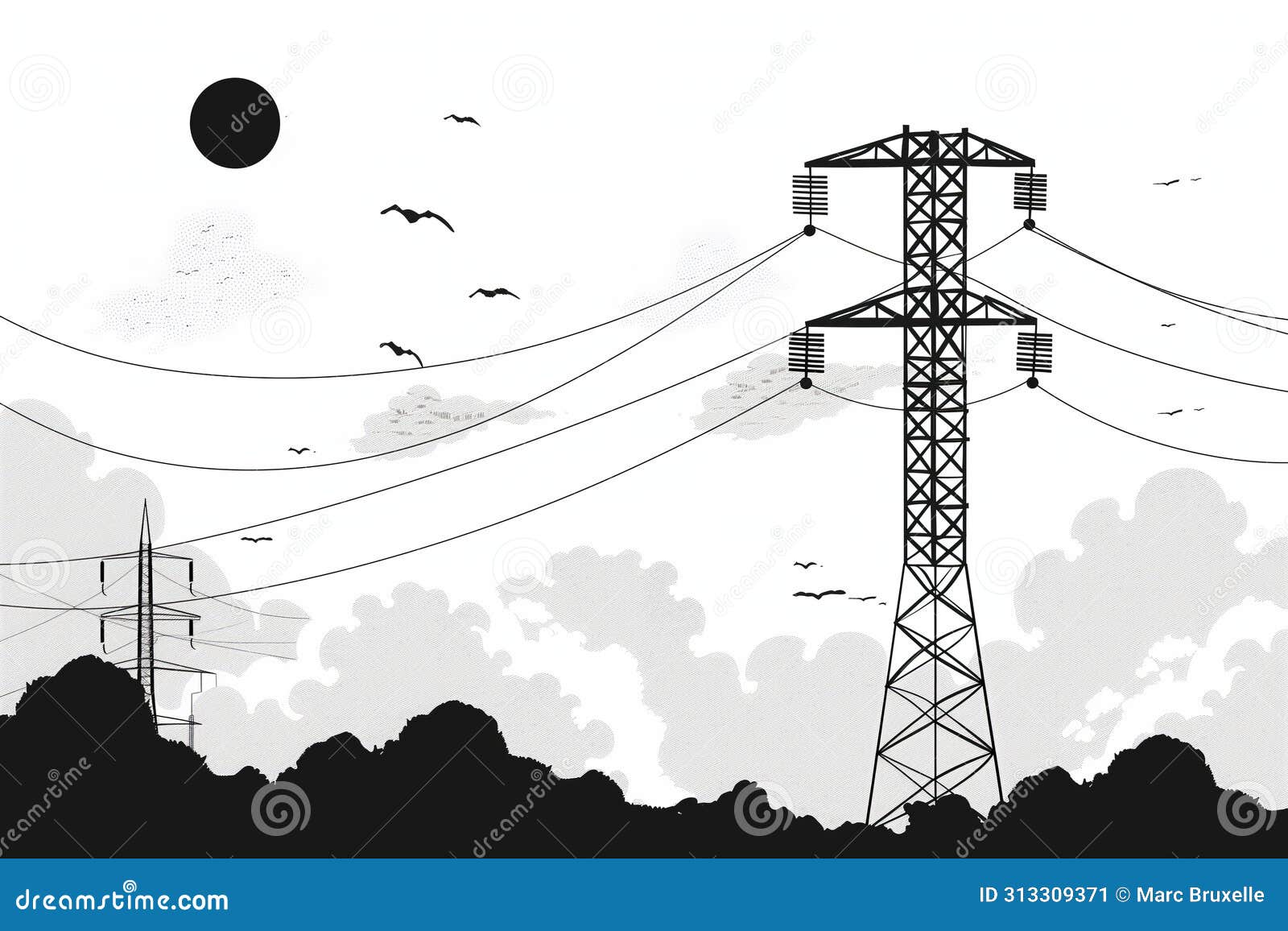 Drawing of Electric High Voltage Power Towers at Sunset - AI Generated ...