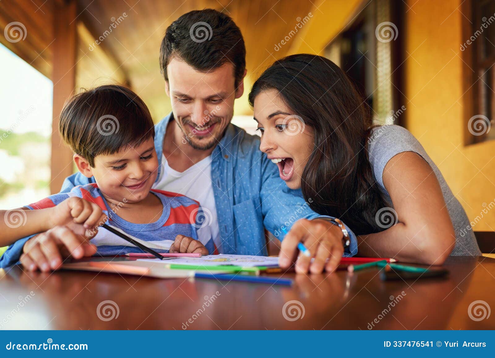 Drawing, Excited and Homework with Family at Table for Education ...