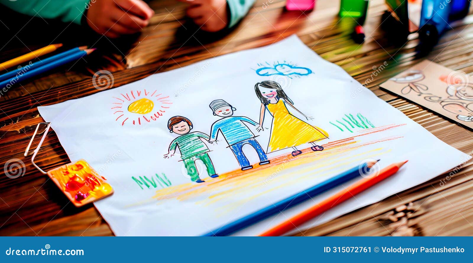 A Drawing of a Family with Crayons on a Table Stock Image - Image of ...