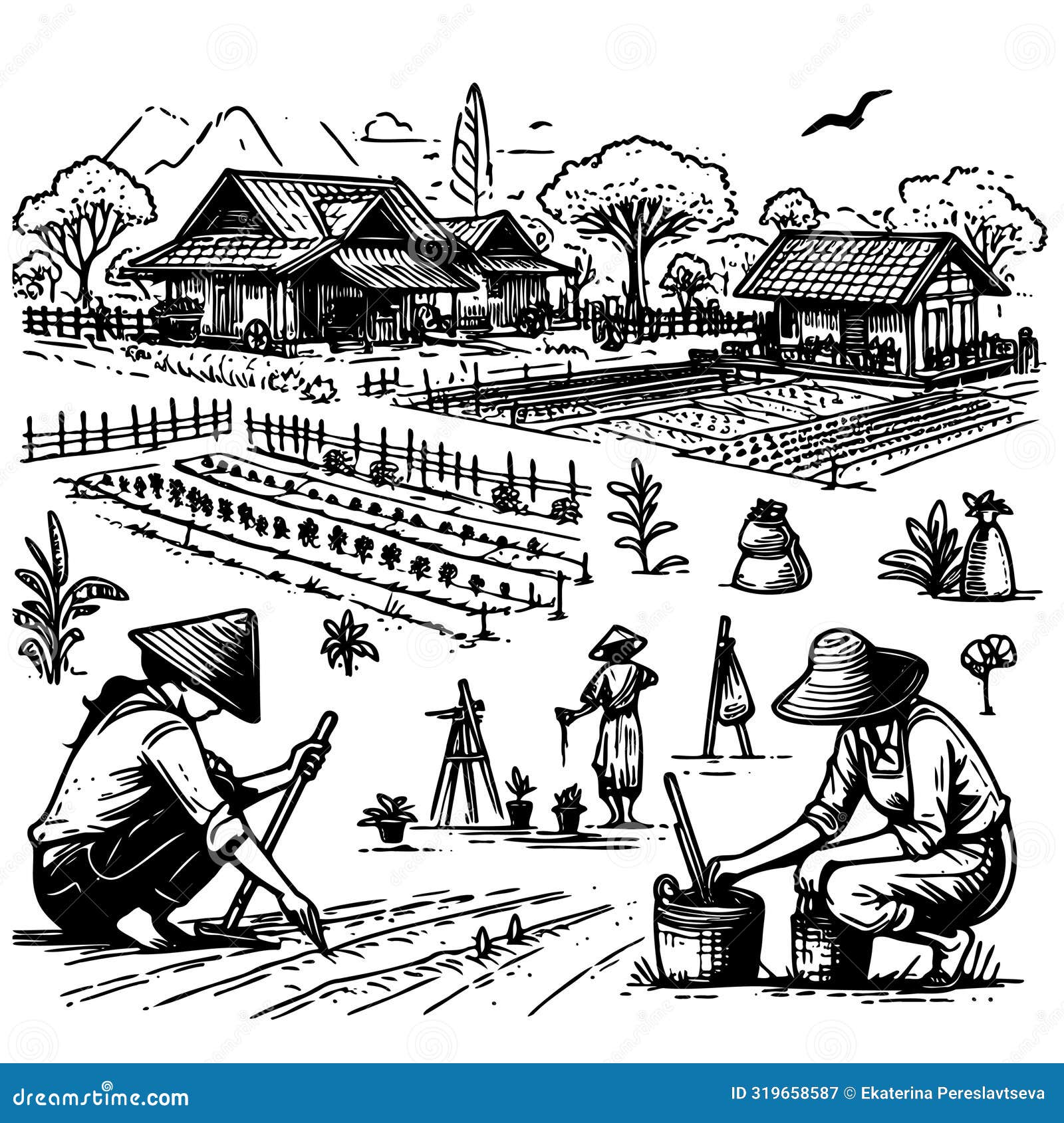 A Drawing of a Farm with People Working in the Fields Stock Vector ...