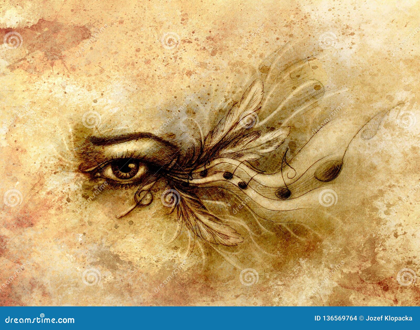 Drawing of Female Eye with Note and Feathers. Stock Illustration ...