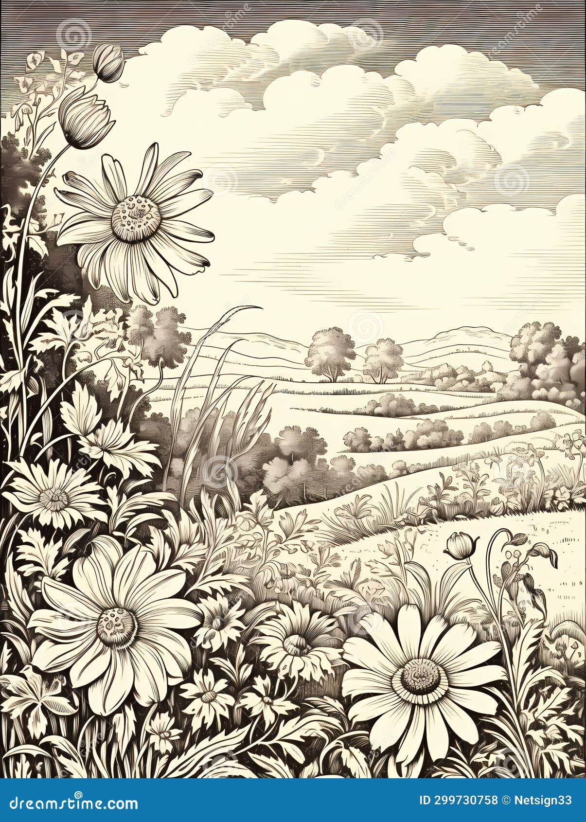 A Drawing of a Field with Flowers, Illustration of a Flower Meadow in ...