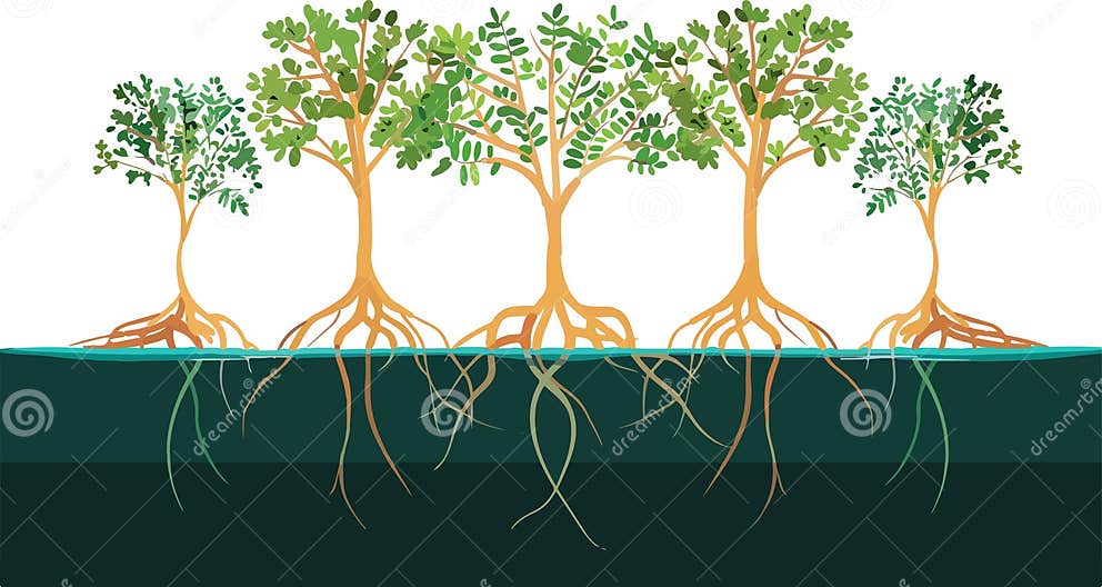 A Drawing of Five Trees with Their Roots Showing Stock Vector ...